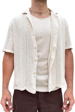 Generic Chemise ajour&eacute;e &agrave; manches courtes pour homme - Chemise &agrave; manches courtes rafra&icirc;chissante et respirante - Chemise d&eacute;t&eacute; d&eacute;contract&eacute;e en tricot l&eacute;ger - C