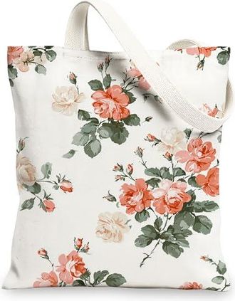 Generic Sac fourre-tout en toile à motif floral vintage, sac de courses réutilisable, léger et lavable, bandoulière en toile Ba, blanc, 13x15 Inch