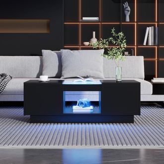 Generic Couchtisch - Hochglanz mit Glasverkleidung, 2 Schubladen, offenes Fach und LED-Beleuchtung, moderner Wohnzimmertisch für stilvolles Wohnzimmer, prakti