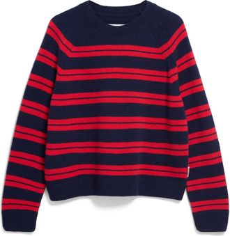 Armedangels Damen Pullover aus Bio-Woll Mix LILIRIAA FINE Stripes Loose Fit Tinted Navy-Candy Apple