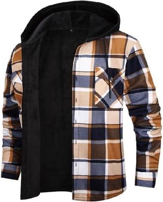 Generic Veste à capuche en polaire pour homme - Chaud - Rembourré - Classique - Motif écossais - Manteau surdimensionné confortable à manches longues avec poc