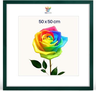 MG Design Bilderrahmen 50 x 50 cm - Posterrahmen mit Gr&uuml;n Holzrahmen (Echtholz) und bruchsicherem Acrylglas, Hoch & Quer mit stabiler Wandaufh&auml;ngung