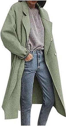 Generic Vestes pour femmes 2026 en fausse laine mince manteau trench revers boutons veste femmes manches longues slim garde au chaud v&ecirc;tements dext&eacute;rieur, Ver