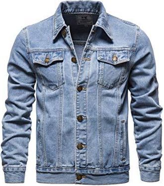Minetom Veste en Jean Homme Denim Trucker Blouson Cowboy Slim Rider Manteau Manches Longues Boutons Jacket A Bleu Clair L