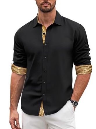 Barry.Wang Chemise habill&eacute;e &agrave; manches longues boutonn&eacute;e pour homme - Col contrast&eacute; - Style d&eacute;contract&eacute; - Pour f&ecirc;te, mariage, Cachemire dor&eacute;, M