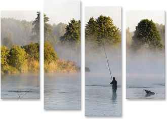 Islandburner Bild auf Leinwand Angeln im Morgennebel am ruhigen Seeufer Bilder Wandbilder 130x80cm