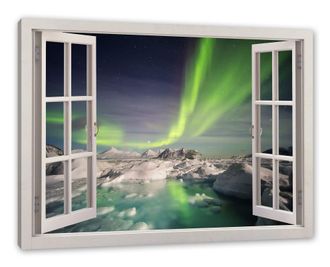 Pixxprint gewaltiges Polarlicht, Fenster, Größe: 80x60cm, Leinwandbild, fertig gespannt, Wandbild, Dekoration, Kunstdruck, kein Poster