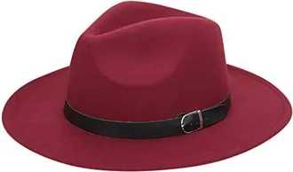 Generic SAUTRV Chapeau Panama en laine &eacute;crasable &agrave; large bord avec ceinture pour femme, rouge vin, Taille unique