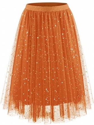 Generic Jupe en tulle pour femme - Jupe midi - Jupe trap&egrave;ze - Jupe en maille - Taille haute &eacute;lastique - Jupe dHalloween - T-shirt pour, Orange, XL