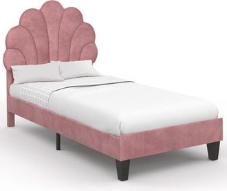 IDMarket Idmarket - Lit simple coquillage 90 x 190 cm - Sommier 10 lattes en bois - Velours rose poudr&eacute; - T&ecirc;te de lit ajustable 3 positions