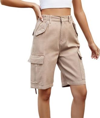 Generic Bermuda cargo pour femme, extensible, taille haute, 6 poches, longueur genou, kaki, XXL