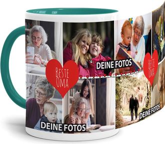 Tassendruck Fototasse mit Spruch - Beste Oma - zum Selbst gestalten mit Foto-Collage für 8 Fotos, Innen & Henkel Türkis, 300 ml