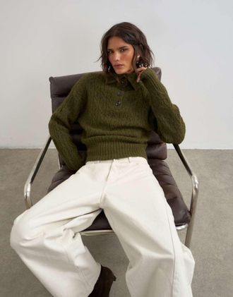 Topshop pull en maille torsad&eacute;e &agrave; col chemin&eacute;e vert mousse