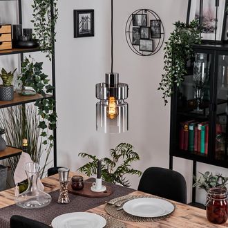 HOFSTEIN H&auml;ngeleuchte Hasvik, 1-flammige H&auml;ngelampe aus Metall/Glas in Schwarz/Chrom/Rauchfarben/Klar, Retro/Vintage-Design (&Oslash; 15cm), E27, Pendelleuchte verste