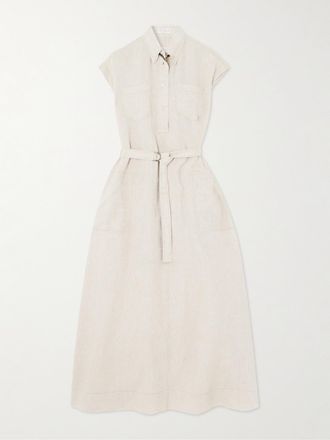 Brunello Cucinelli Midikleid Aus Leinen Mit Zierperlen Und G&uuml;rtel - Neutral