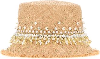 Prada Embellished Raffia Bucket Hat - Beige