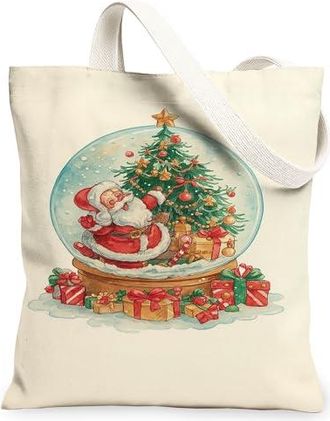 Generic Sac fourre-tout en toile r&eacute;utilisable avec motif boule &agrave; neige de No&euml;l, motif sapin de No&euml;l, sac d&eacute;picerie, l&eacute;ger, lavable, pour le shopping, les voya