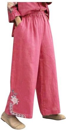 Generic Pantalon Femme Taille Elastique Printemps &Eacute;t&eacute; Style Ethnique Brod&eacute; Coton Et Lin Pantalons D&eacute;contract&eacute;s Pantalon R&eacute;tro Large Grande Taille Femmes