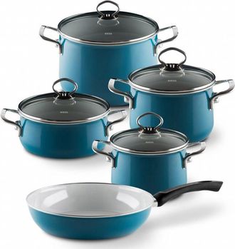 Riess 0558-010, Emaille-Set 5-teilig, NOUVELLE, AQUAMARIN EXTRA STARK, bestehend aus: Fleischtopf mit Glasdeckel 16, 20, 24 cm, Kasserolle mit Glasdeckel20 