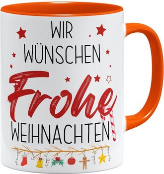 OM3 wir w&uuml;nschen Frohe Weihnachten Tasse Merry Christmas - Keramik Becher - 11oz 325ml - Beidseitig Bedruckt - Orange