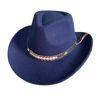 Generic Chapeau de cowboy occidental avec style ethnique en laine &agrave; bord moyen pour ext&eacute;rieur et d&eacute;contract&eacute;, bleu marine, Taille unique