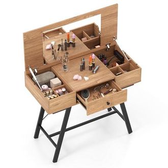 Giantex Coiffeuse avec Miroir Rabattable, Table de Maquillage avec Station de Charge, Tiroir, 6 Compartiments de Rangement, Plateau Caché, Bureau de Coiffeuse