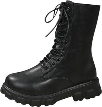 Generic Bottes &agrave; lacets pour femme &agrave; talon bas d&eacute;contract&eacute; bottes de motard &eacute;l&eacute;gantes &agrave; bout rond et talons &eacute;pais confortables de couleur unie bottines dext&eacute;r