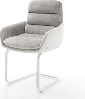 DELIFE Freischwinger Abelia-Flex mit Armlehnen Materialmix Echtleder Weiß-Silbergrau Freischwinger flach Weiß, Esszimmerstühle