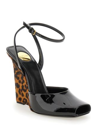 Saint Laurent Womens Scandale Black Wedges With Animalier Print Leather Shoe
