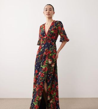 Hope & Ivy Petite Robe longue &agrave; pois et fleurs avec manches volant&eacute;es et dos ouvert - Bleu marine