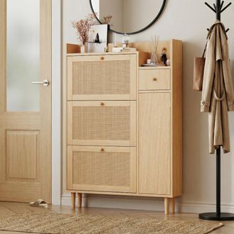 Generic Moderner Schuhschrank aus Holz und Rattan mit 3 Klappt&uuml;ren und Schublade platzsparend f&uuml;r Flur Schlafzimmer oder Wohnung mit Massivholzbeinen Schuhreg