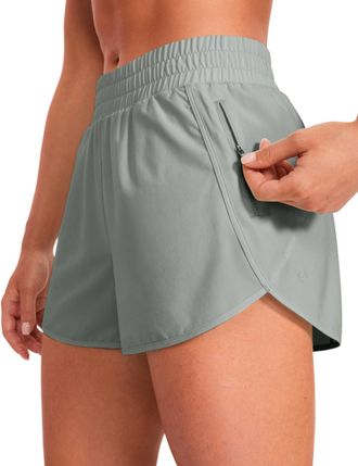 CRZ YOGA Damen Kurz Sporthose Laufhose High Waist Fitness Sport Shorts Kurze Hose mit Reißverschlusstasche Sterling 36