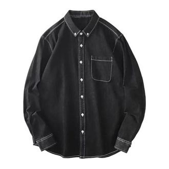 Generic Chemise en jean à poches pour homme Printemps et Automne Vintage Classique Chemise en coton Veste à manches longues, Noir, 3XL