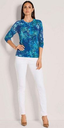 Madeleine Strickjacke Langarm Viskose-Jacke mit Knopfleiste Feinstrickjacke mit Druck, Rundhalsausschnitt