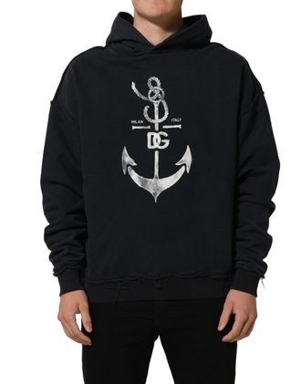 Dolce & Gabbana Mens Black Anchor Print Hooded Sweatshirt Sweater Cotton Clothing