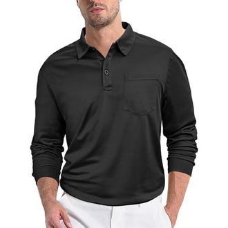 Generic Chemise &agrave; manches longues avec poche pour homme, col &agrave; revers, chemise boutonn&eacute;e en maille respirante, couleur unie, haut de sport d&eacute;contract&eacute;, Noir, 