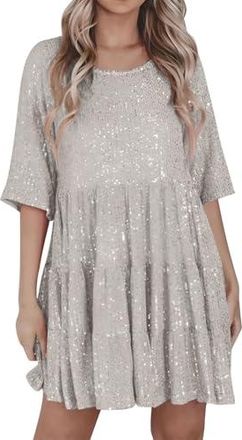 Generic Robe d&eacute;contract&eacute;e &agrave; manches courtes pour femme - Col en V - Taille haute - Robe fluide et mignonne &agrave; &eacute;paules d&eacute;nud&eacute;es, Argent&eacute;., XL