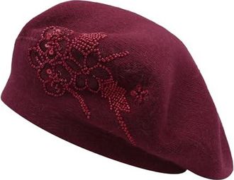 ZLYC B&eacute;ret basque pour femme, Fleur brod&eacute;e bordeaux, taille unique