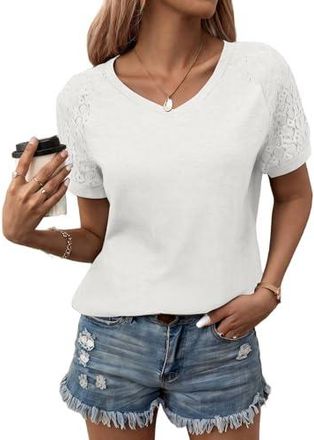 Zeagoo T-shirt à manches courtes et col en V pour femme - T-shirt basique ample décontracté - Chemisier dété en dentelle, blanc, XXL