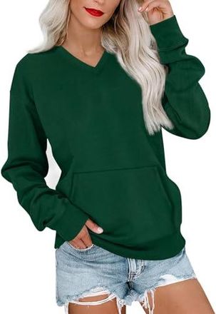 Generic Sweat-shirt &agrave; col en V sans chapeau avec poches, couleur unie, confortable, d&eacute;contract&eacute;, surdimensionn&eacute;, sans capuche, pour le printemps, lautomne et 