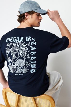Trendyol MAN Jungen Dunkelblau Gebl&uuml;mt Kurz Oversize T-Shirts