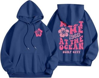 Generic Pink Palm Puff Sweat &agrave; capuche pour femme avec imprim&eacute; arri&egrave;re Sweat &agrave; capuche d&eacute;contract&eacute; V&ecirc;tements Preppy Clothes Sweat &agrave; capuche surdimensionn&eacute; Hau