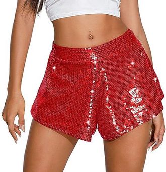 Generic Short pailleté pour femme, short à paillettes pour femme, taille haute, pantalon décontracté à enfiler, pantalon court brillant, taille extensible, pa