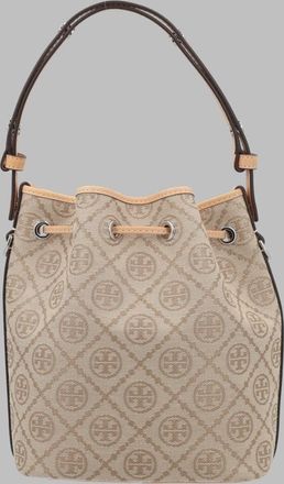 Tory Burch Womens Bucket Bag T Monogram Beige Cotton Polyester Shoulder