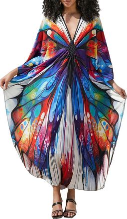 Bsubseach Plus Gr&ouml;&szlig;e Kaftan Kleider f&uuml;r Frauen Badeanzug Cover Up Badeanzug Beachwear Bunter Schmetterling