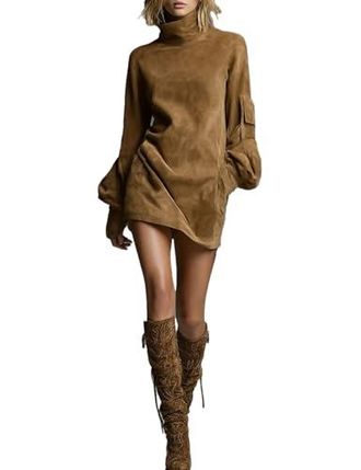 Generic Mini robe vintage en daim synth&eacute;tique pour femme - Pull d&eacute;contract&eacute; &agrave; col roul&eacute; et manches lanterne avec poches, robe en daim marron, marron, XXL