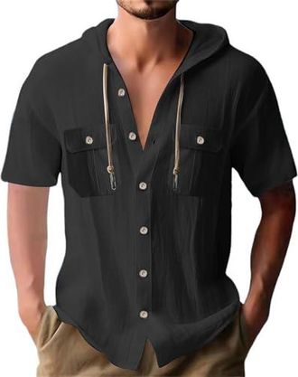 Generic Chemise en lin pour homme - Avec capuche - Chemise d&eacute;t&eacute; - Plage - Chemise de loisirs - &Eacute;l&eacute;gante - Pour lext&eacute;rieur - Manches longues - Coupe droite, No