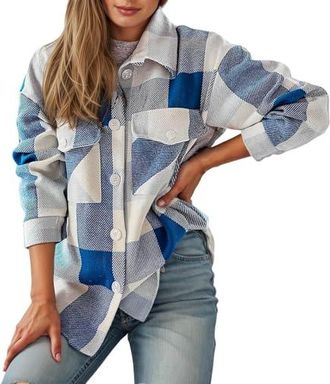 Generic Vestes d&eacute;contract&eacute;es &agrave; carreaux pour femmes, veste chemise &agrave; carreaux confortable, doublure en polaire, v&ecirc;tements dext&eacute;rieur pour lautomne et lhiver, 