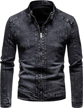 Generic Veste en jean vintage pour homme avec col montant et poches zipp&eacute;es, Noir, XXL