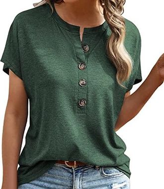 Generic T-shirt pour femme - Col en V avec boutons - Manches courtes - T-shirt basique d&eacute;t&eacute; - Coupe ample - &Eacute;l&eacute;gant - Stretch - D&eacute;contract&eacute; - Couleur unie, ve